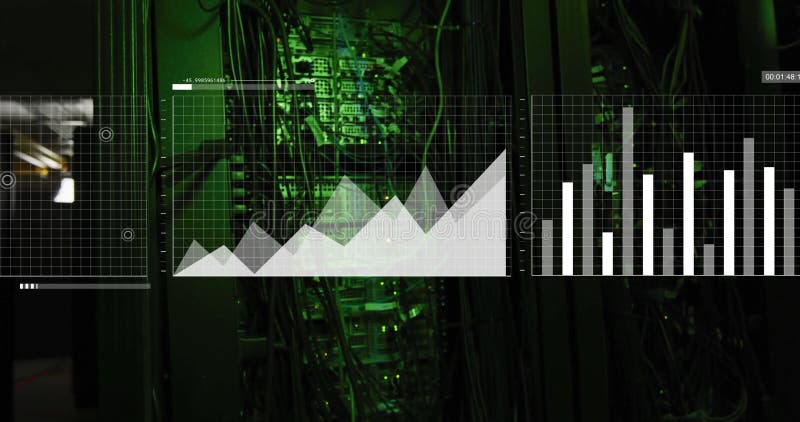 Data Charts Animation Over Server Room with Green Lighting and Cables ...