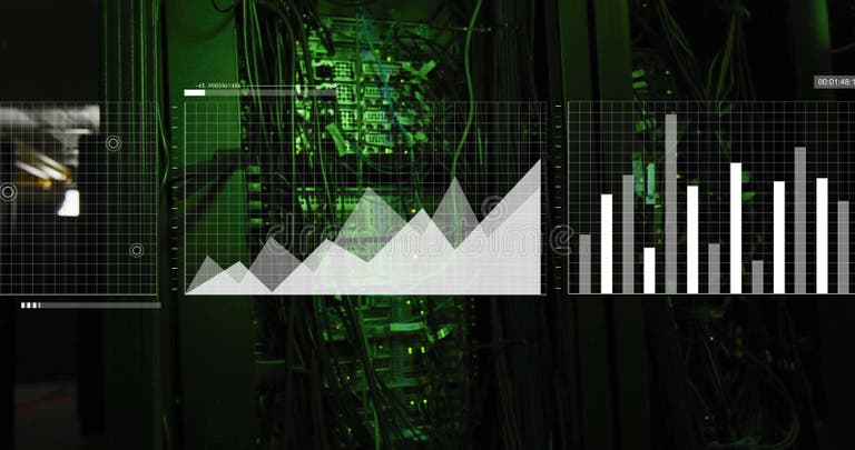 Data Charts Image Over Server Room with Green Lighting and Cables Stock ...
