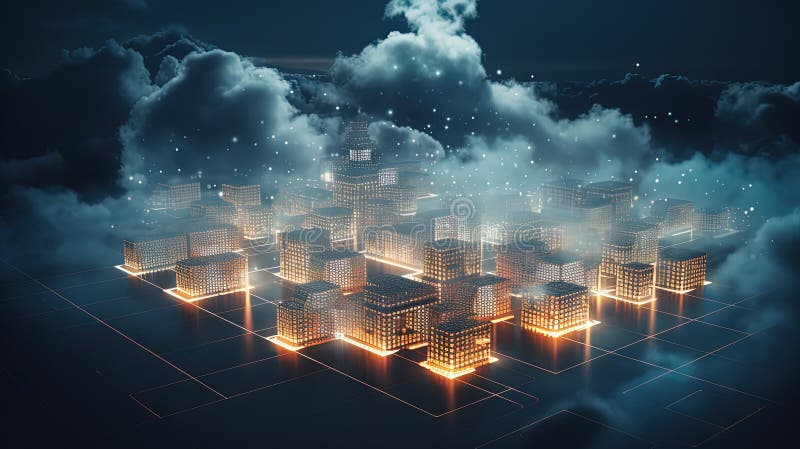 Concept of a Digital City with Cloud Connections. Futuristic Network in ...
