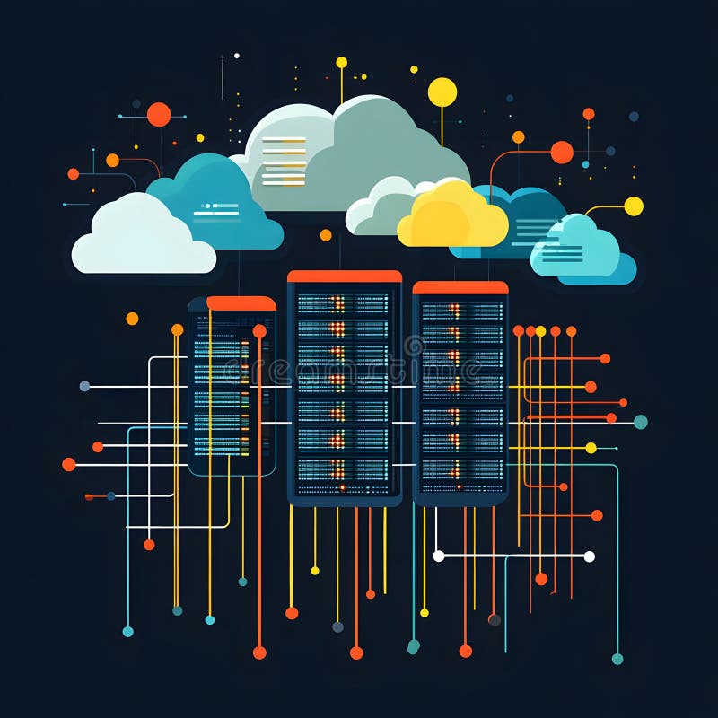 Data Cloud Technology Illustration with Colorful Server Connections and ...