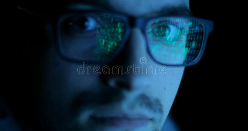 Data Code Reflection in Programmers, Hackers Glasses. Man is Looking at ...