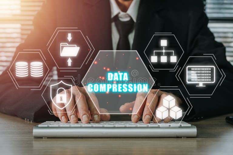 Person Hand Typing Keyboard Computer on Desk with Data Compression Icon ...