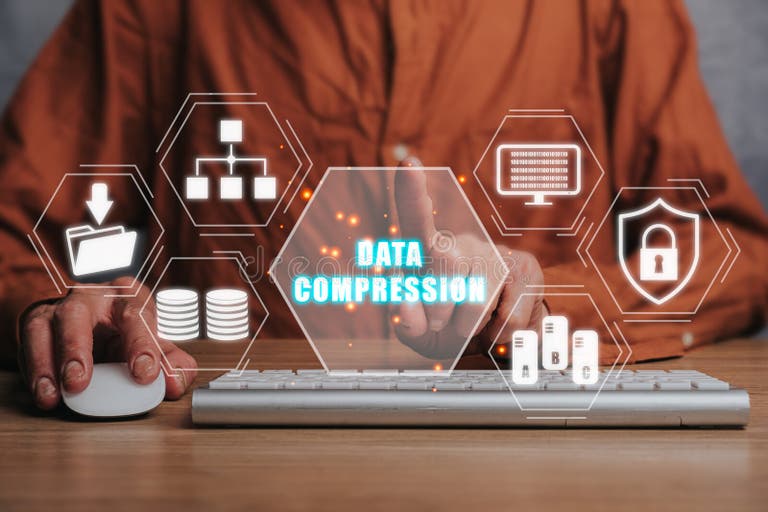 Person Typing on Keyboard Computer and Hand Touching Data Compression ...