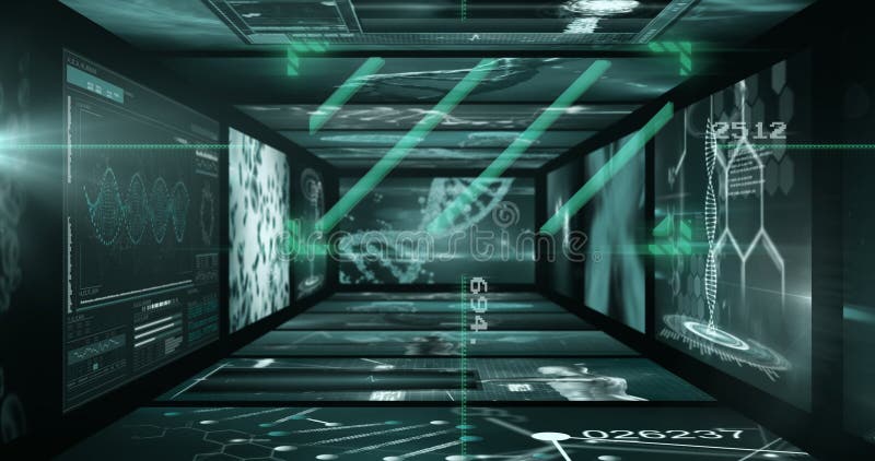 Data Corridor Forming in Virtual Lab, with Lit Panels, Holographic DNA ...