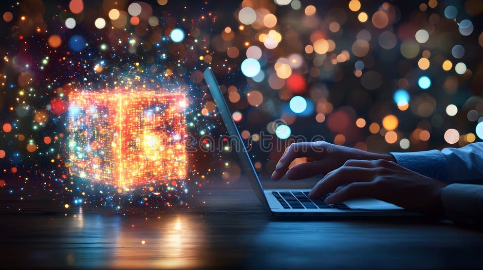 Data Cube and Online Work Man Typing on Laptop with Digital Data ...