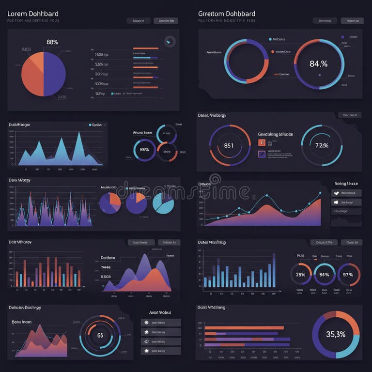 Data Dashboard Displaying Various Visualizations Including Pie Charts, Line Graphs, an Stock ...