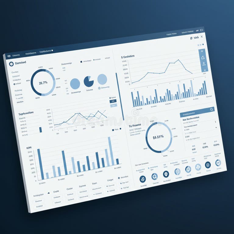Data Dashboard Featuring Various Charts and Graphs Against a Blue Background. Stock Illustration ...