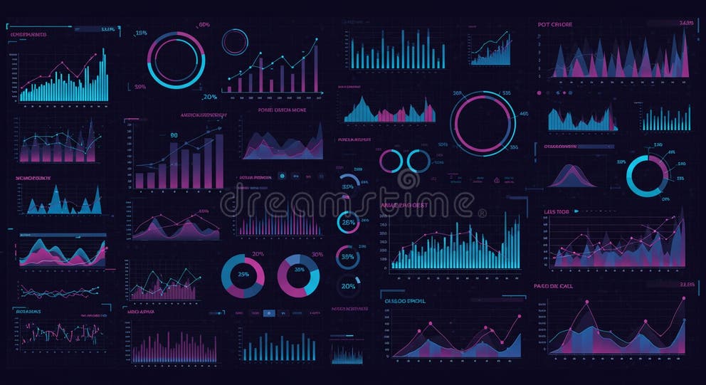 Data Dashboard Featuring Various Charts and Graphs on a Dark Background. Includes Stock ...