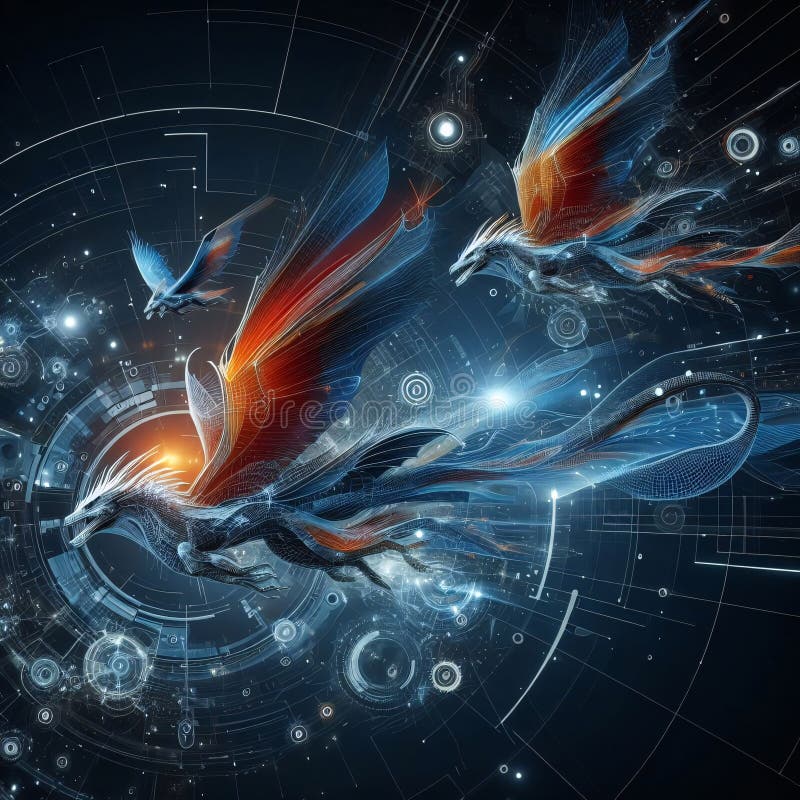 Abstract Flying Beings Amidst Dark Blue, a Technological Backdrop for ...