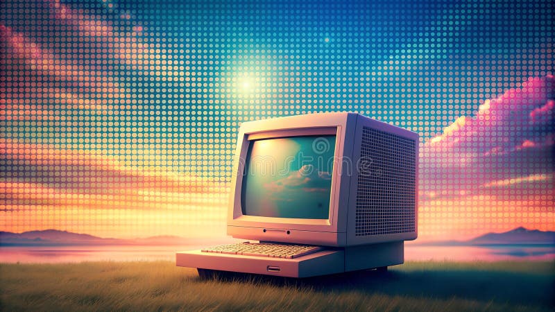 Data Dreams: a Halftone Computer Floating in a Dreamy Landscape AI ...
