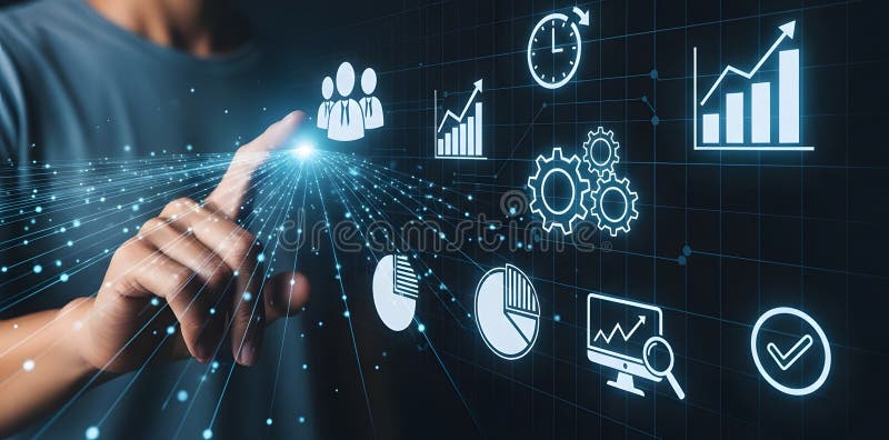 Digital Business Solutions: Hand Activating Futuristic Interface with Data Charts and Global ...