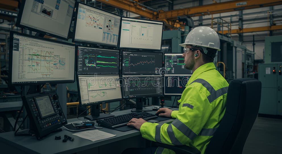 Data-Driven Industry: Engineer Analyzing Industrial Metrics on Multiple ...