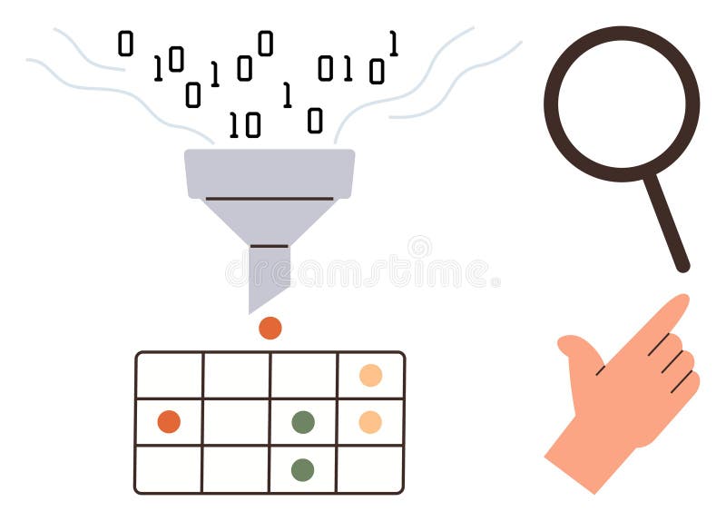 Data Filtering Process Illustrated with Funnel, Binary Code, Hand, and Grid Stock Vector ...