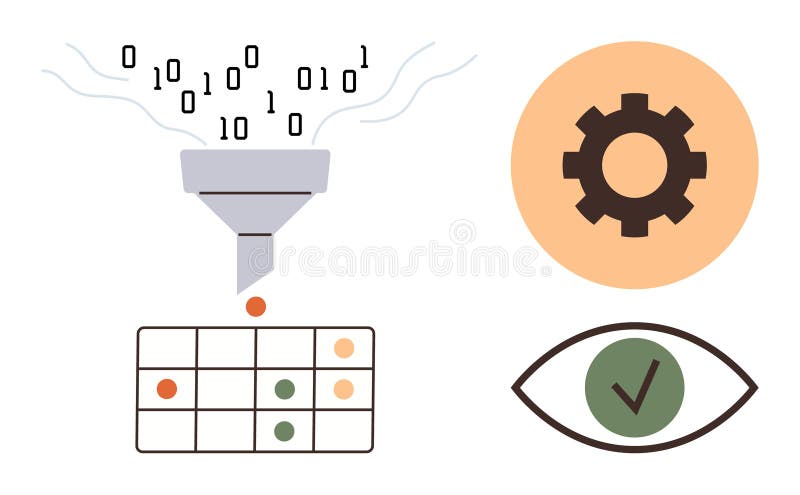 Data Filtering and Visualization Process with Binary Code, Funnel, Gear, and Validation Themes ...