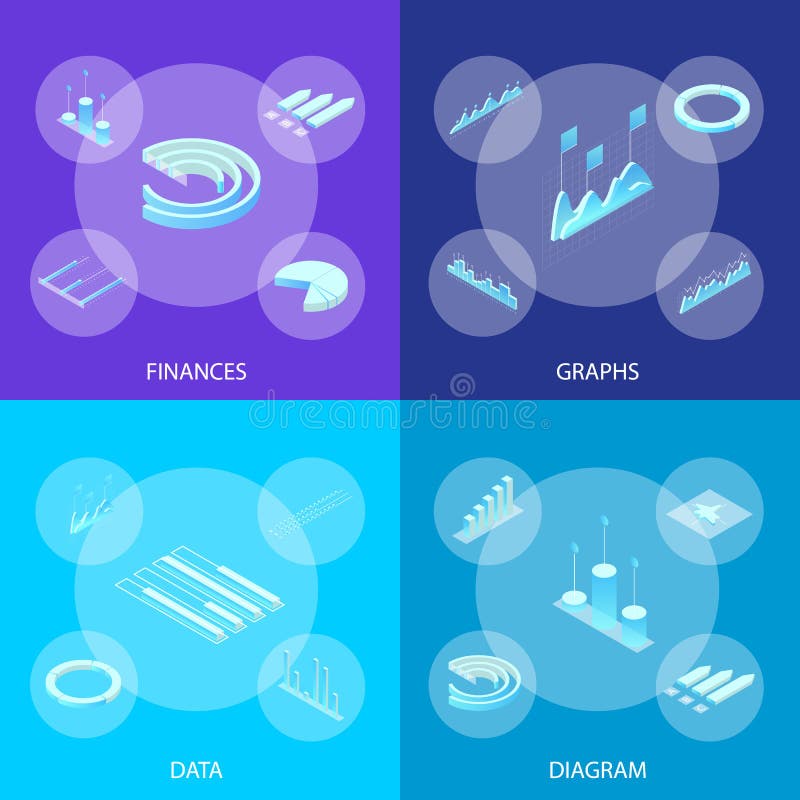 Data Financial Graphs Concept Banner Set 3d Isometric View. Vector ...