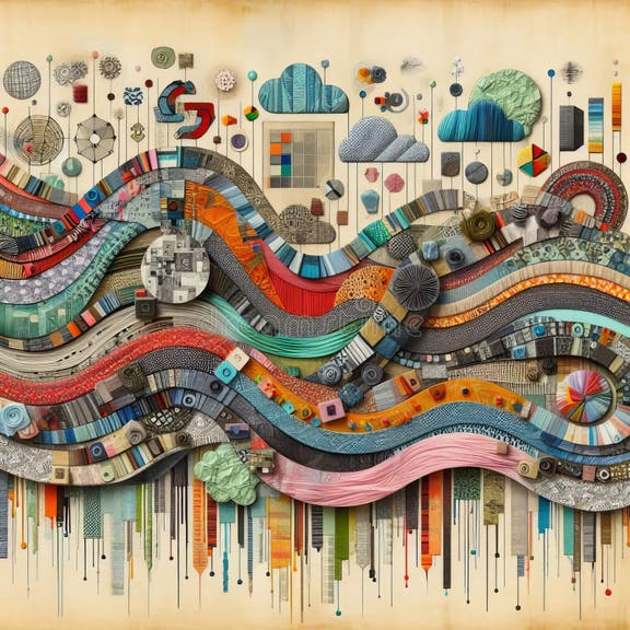 Data Flow Collage Collage Using Scraps of Paper Fabric and Threa Stock ...