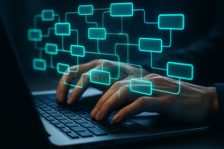 Data Flow Diagram Software Developer Working on Laptop Coding Algorithm ...