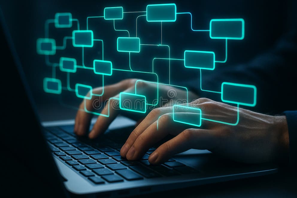 Data Flow Diagram Software Developer Working on Laptop Coding Algorithm ...