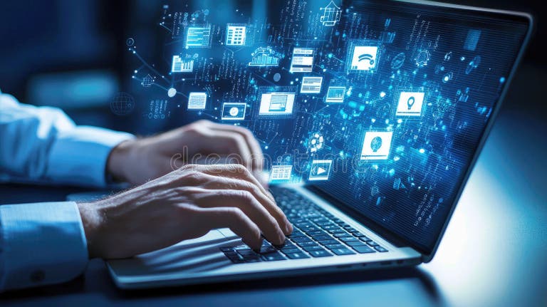 Data Flow Visualization Laptop with Information Stream Display, Connecting Concepts and Ideas ...