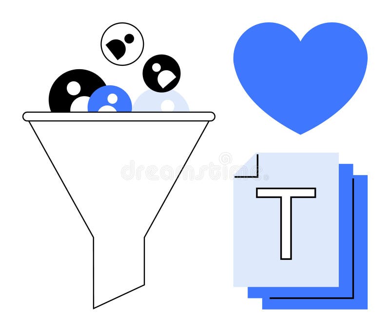 Data Funnel Filtering Concepts with Iconic Blue Heart and Document ...
