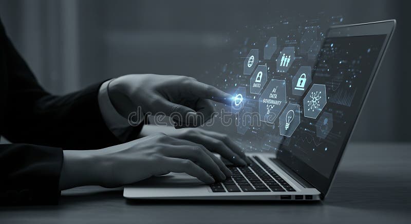 Data Governance: Hands Interact with Futuristic Laptop Interface Stock ...