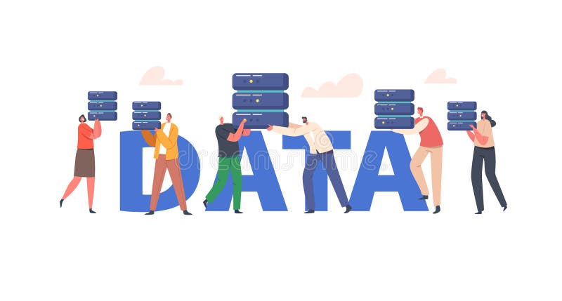 Data and Information Concept. Men and Women Characters Holding Server ...