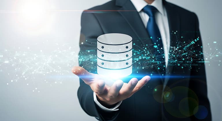 Data Innovation and Business Technology Solutions Man in a Suit Holding a 3D Database ...