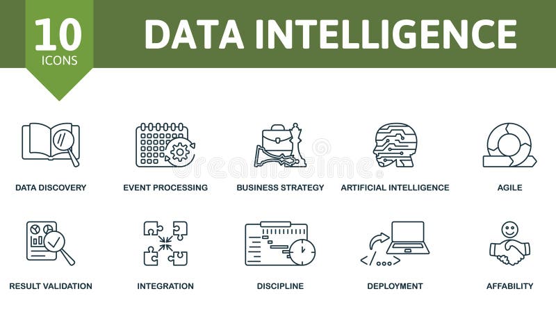 Data Intelligence Thin Line Icon Set Data Discovery Event Processing Business Strategy