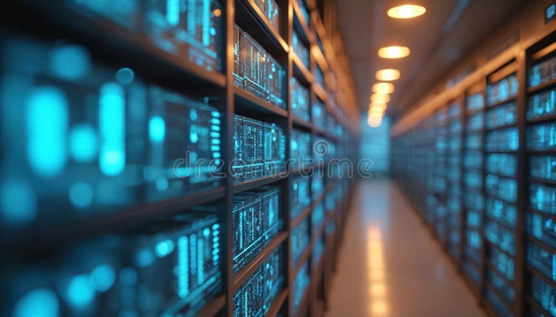 A Row of Servers in a Server Room with Red and Blue Lights Stock Photo ...