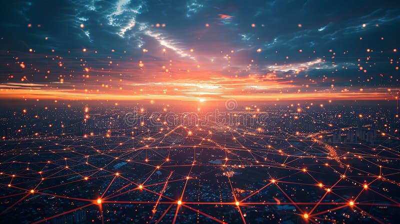 Data Link at Night from Above City Skyline with Light Grid Concept of ...