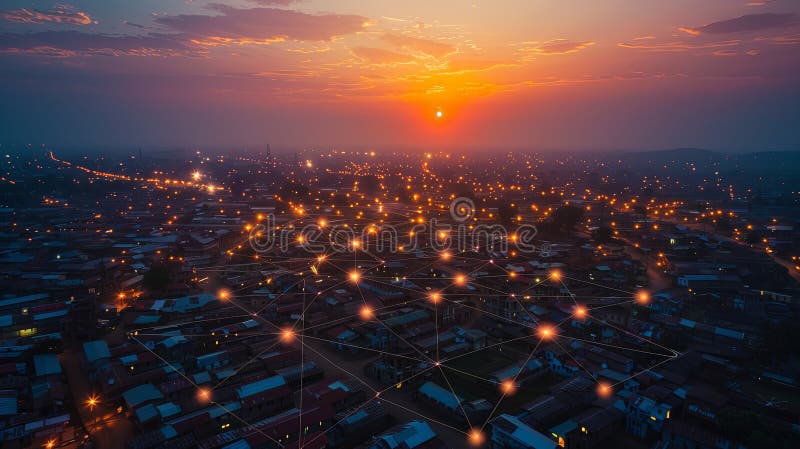 Data Link at Night from Above City Skyline with Light Grid Concept of ...