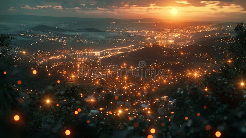 Data Link at Night from Above City Skyline with Light Grid Concept of ...