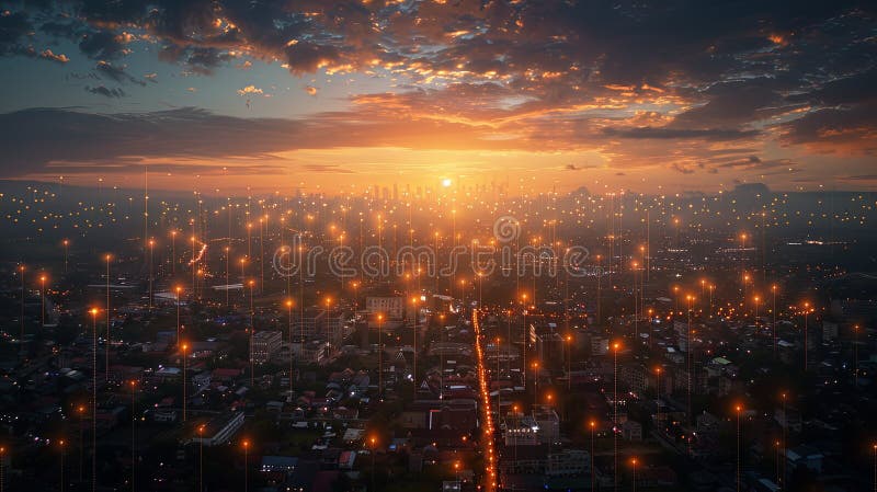 Data Link at Night from Above City Skyline with Light Grid Concept of ...