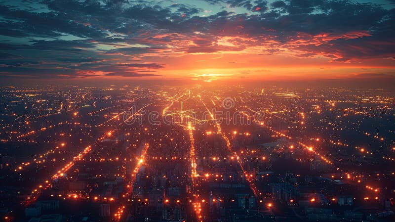 Data Link at Night from Above City Skyline with Light Grid Concept of ...
