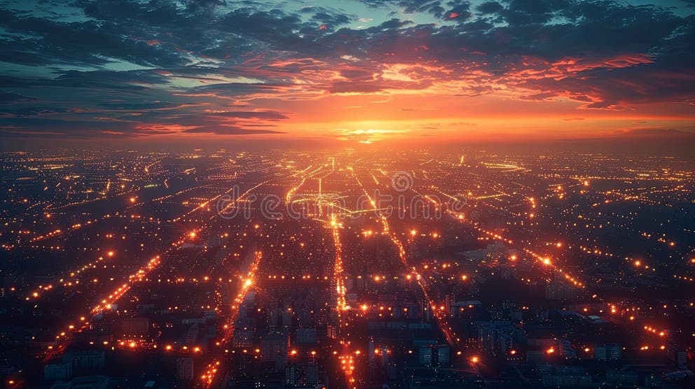 Data Link at Night from Above City Skyline with Light Grid Concept of ...