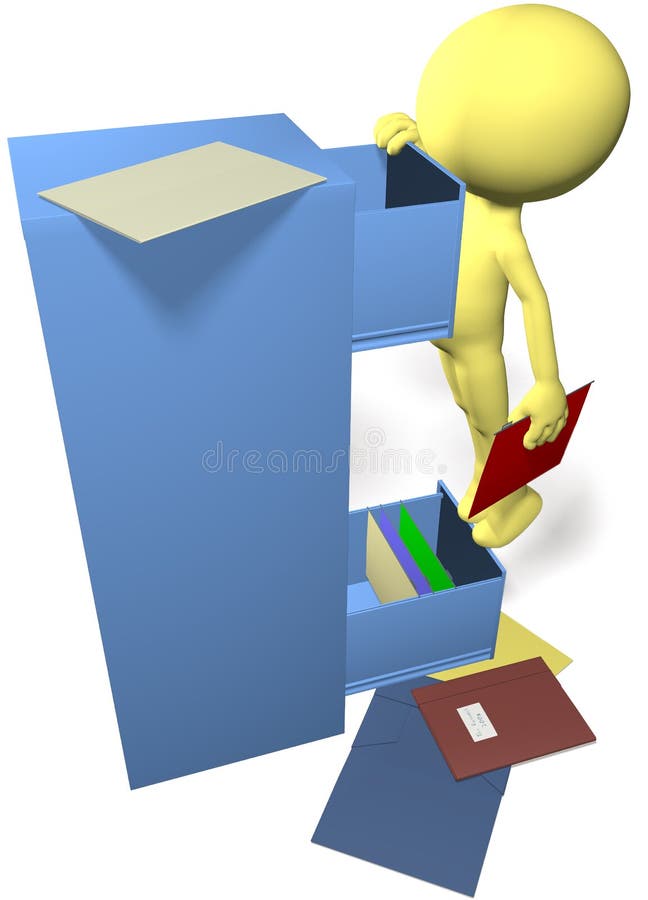 Data Man Find Files in 3D Office Filing Cabinet Stock Illustration ...
