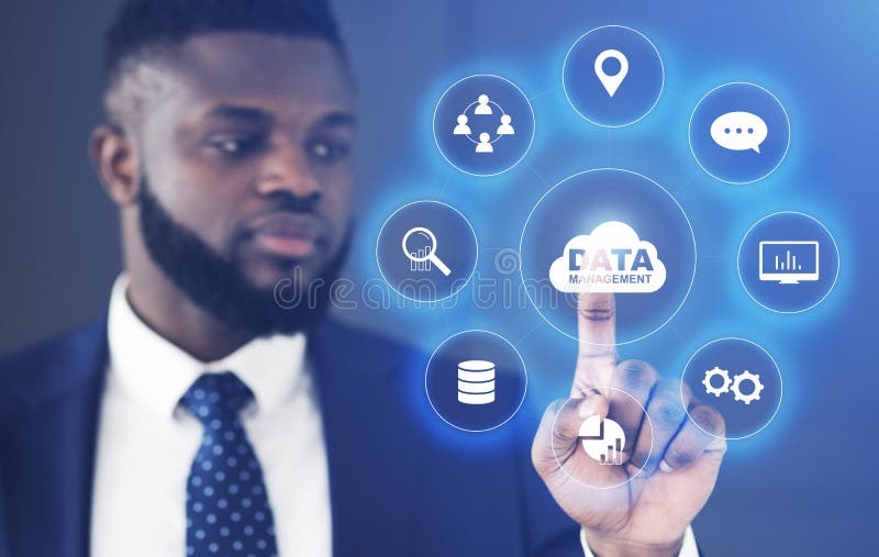 Data Management. African Businessman Choosing Button on Digital Screen ...