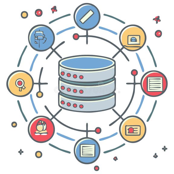 Data Management Concept with a Centralized Database Hub and Connected Icons Illustration Stock ...