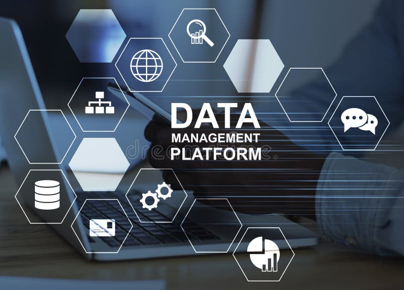 Data Management Platform. Collage with Office Employee and Cells with ...