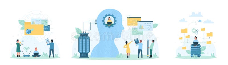 Data Management Set, Tiny People Work with Data Folders Inside Abstract ...