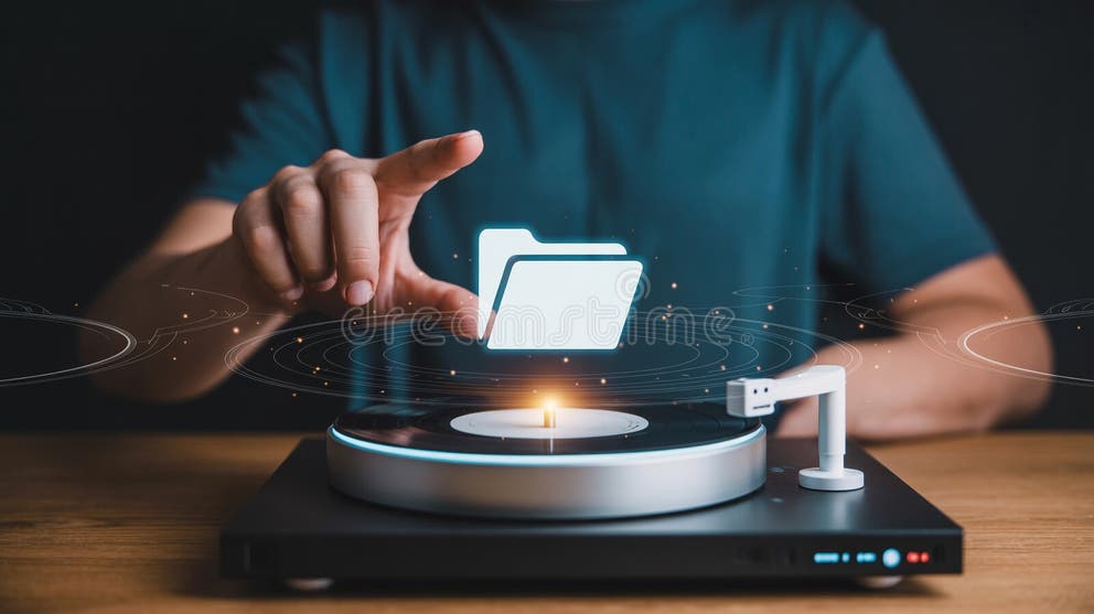 Data Management and Storage Concept with Folder Icon on Turntable for Digital Archiving Solution ...