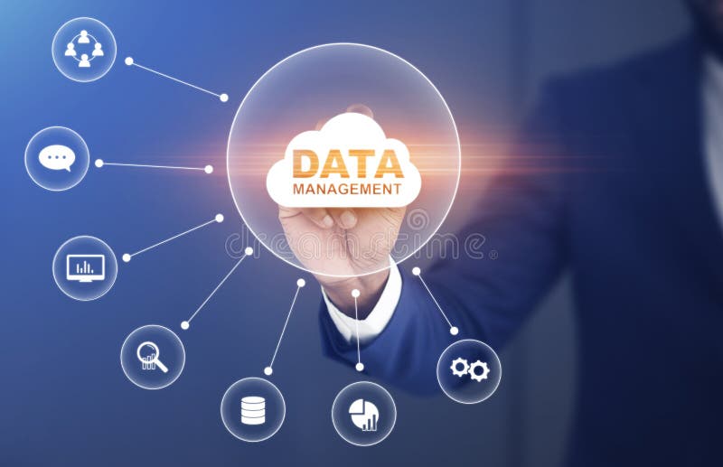 Data Management System, DMS. Businessman Pressing Data Storage Cloud on ...