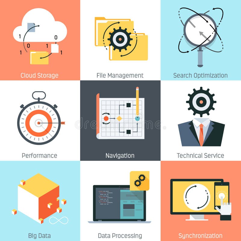 Data Management Theme, Flat Style, Colorful, Icon Set Stock ...