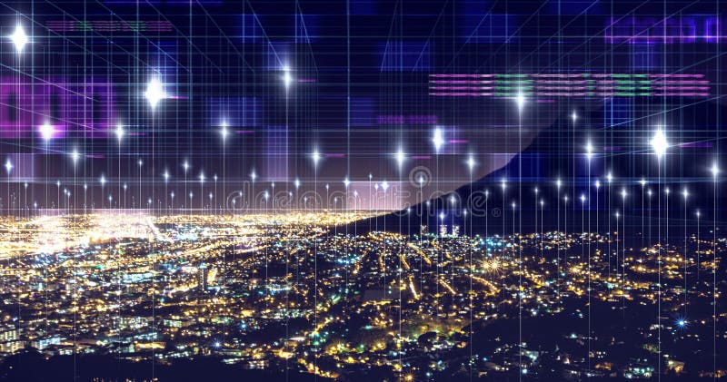 Data, Network and Digital with City at Night for Connection, Cyber and ...