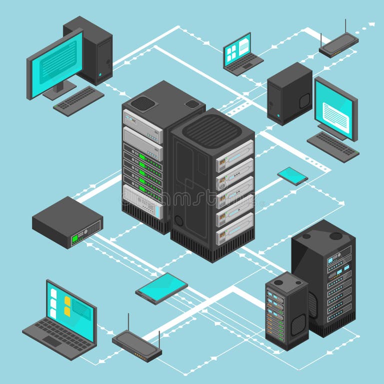 Data Network Management Vector Isometric Map with Business Networking Servers, Computers and ...