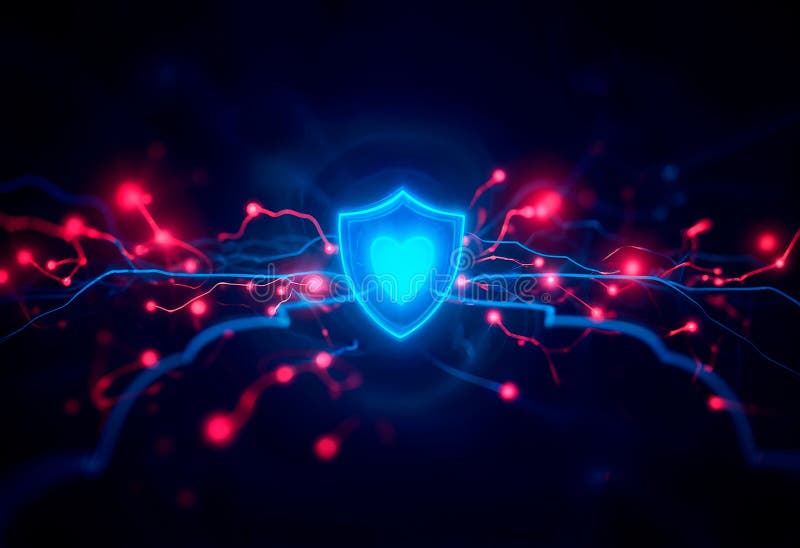 Data Network with Red Threats and Blue Security Shield. AI Tech Stock ...