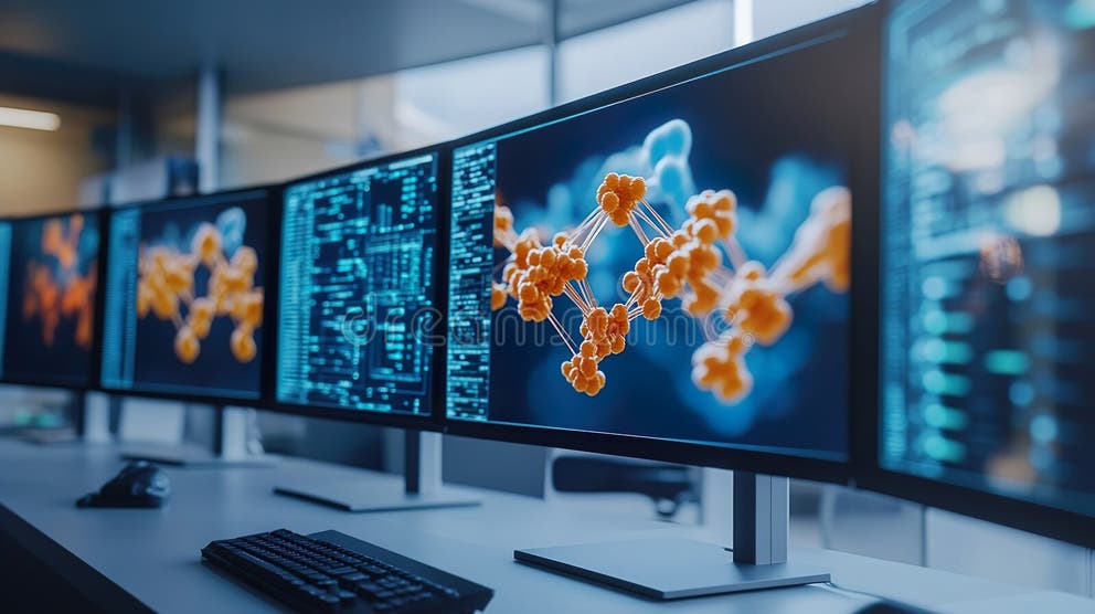 Data Network Visualization on Multiple Computer Screens Stock Photo ...