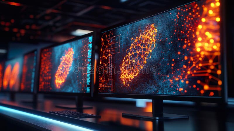 Data Network Visualization on Multiple Computer Screens Stock Image - Image of science, research ...