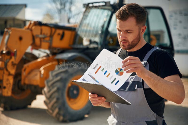 Data in the Notepad, Reading. Man is with Tractor Stock Illustration ...