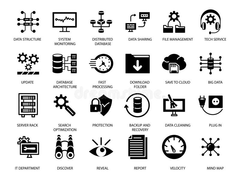 DATA ORGANIZATION and MANAGEMENT Icon SET ART LINE FILL BLACK COLOR ...